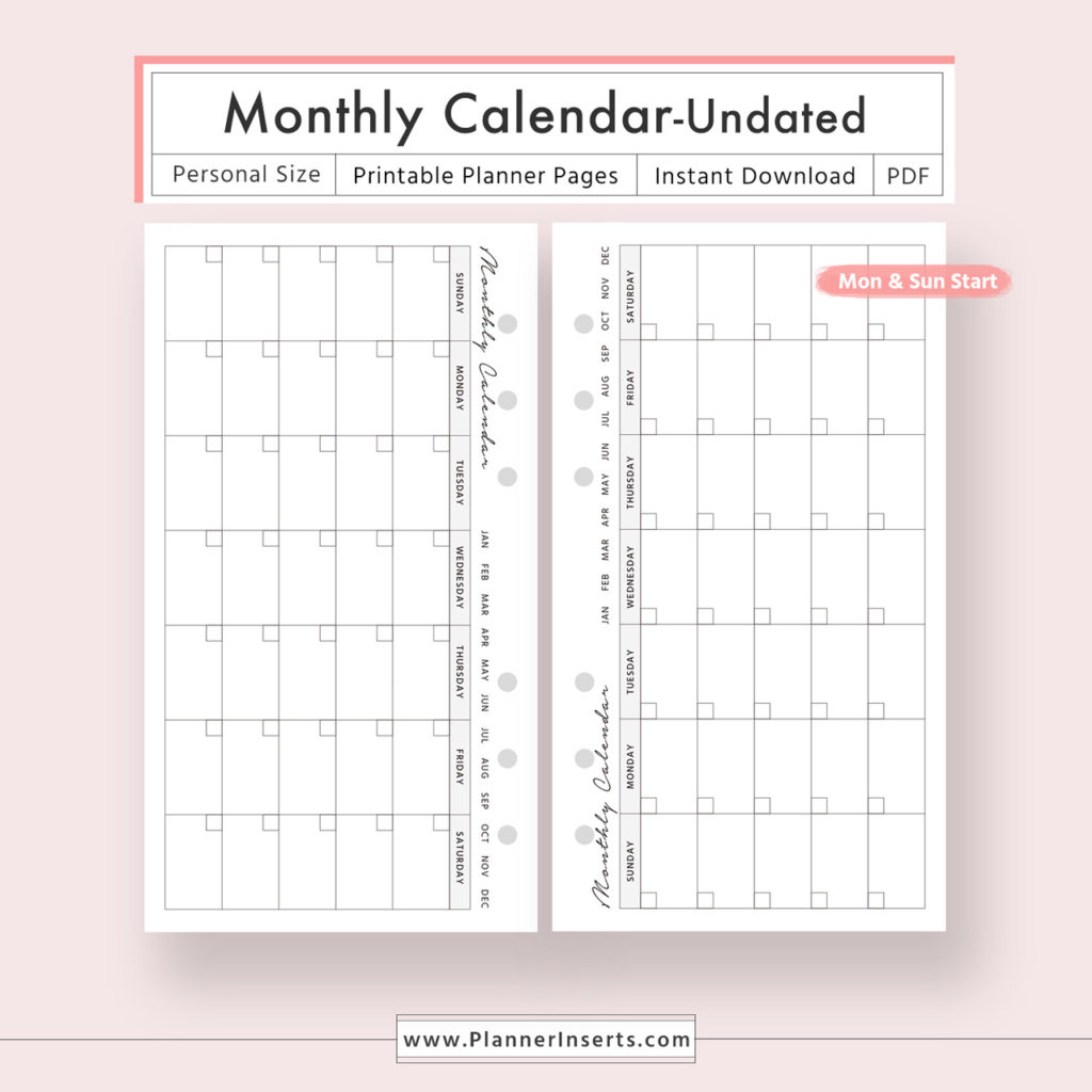 Undated Monthly Calendar for Unlimited Instant Download – Digital ...